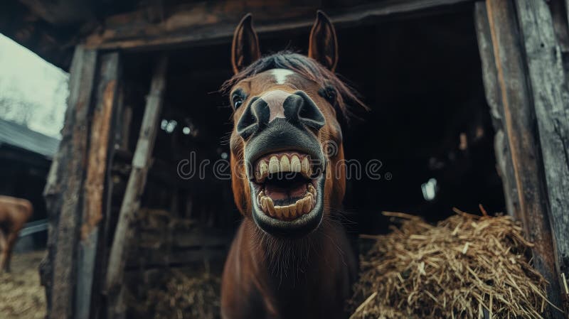 A Brown Horse Playfully Grins, Baring Its Teeth in a Rustic Barn ...