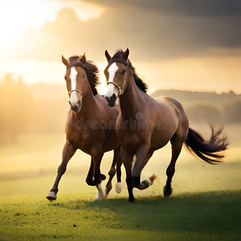 Brown Horse Playing on the Grass Realistic Digital Art Stock ...