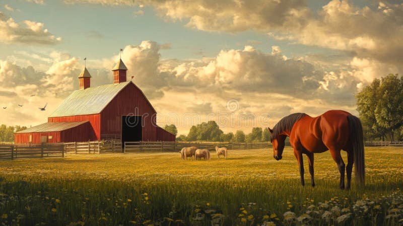 Brown Horse in a Red Barn Farm Field at Sunset Stock Illustration ...
