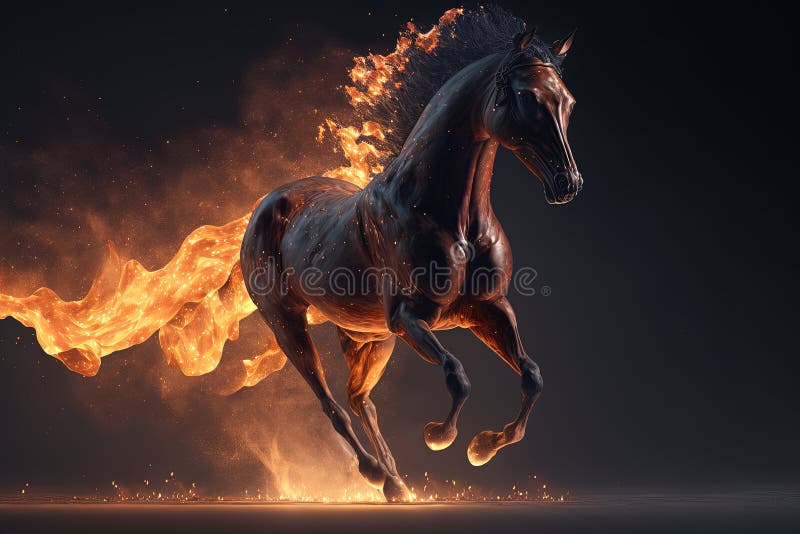 Brown Horse Running between Fire Flame. Generative AI Stock ...