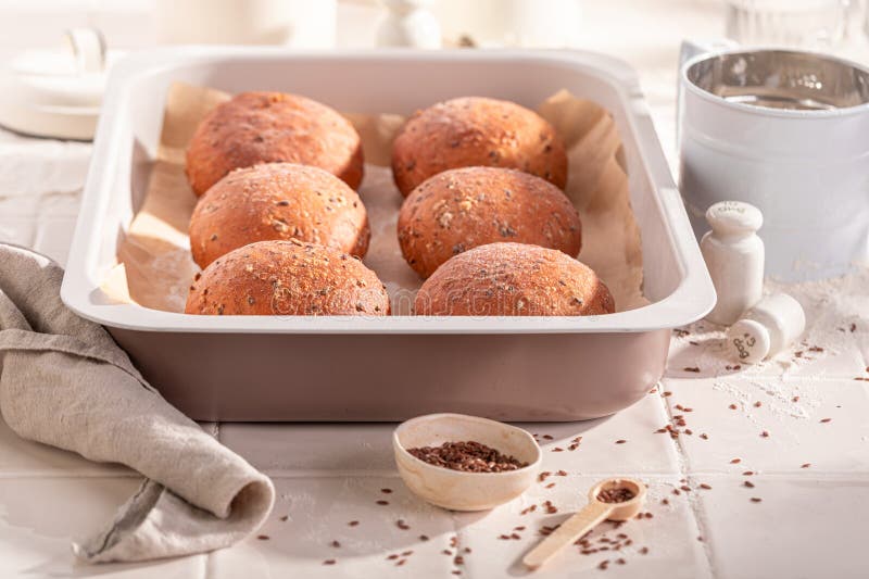 Brown and Hot Flax Seed Buns in Rustic Bakehouse Stock Photo - Image of ...