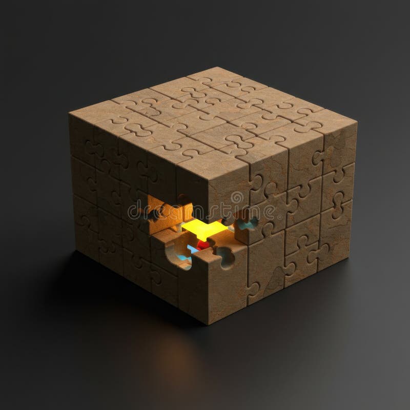 Brown Jigsaw Cube Puzzle with Yellow Piece Solution Stock Illustration - Illustration of render ...