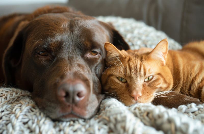 Brown Labrador Retriever and Orange Tabby Cat Resting on Couch Stock ...