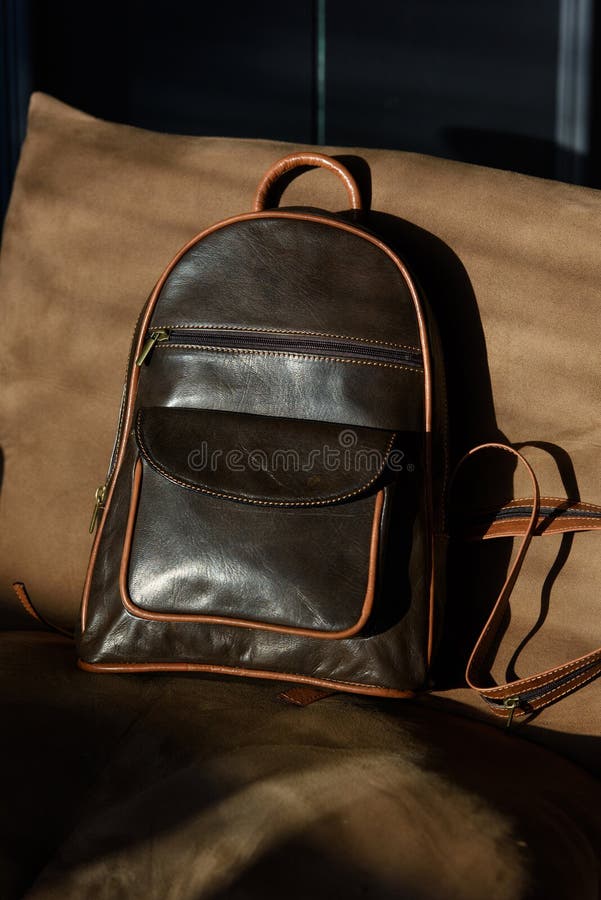 Brown Leather Backpack on Chair, Close Up. Stock Photo - Image of ...