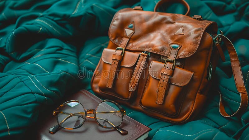 A Brown Leather Backpack and Glasses on a Bed Stock Image - Image of ...