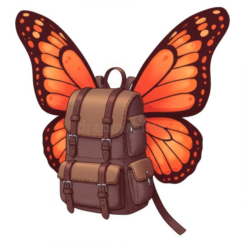Brown Leather Backpack with Orange Butterfly Wings Stock Illustration ...