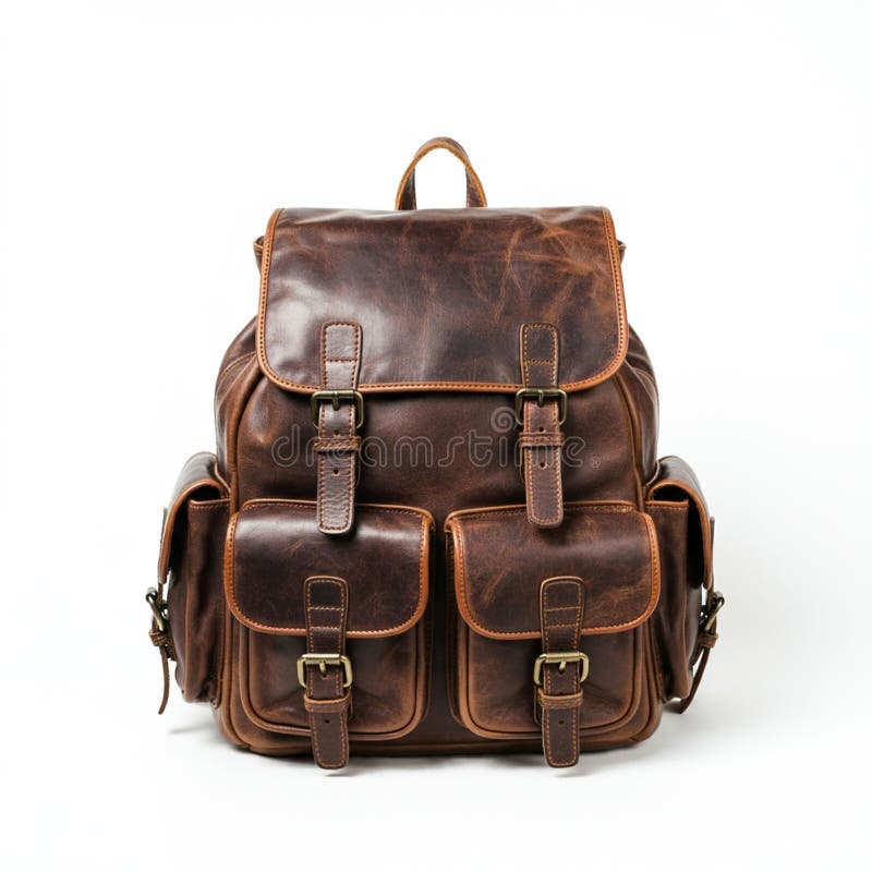 Brown Leather Backpack with a Vintage Design Featuring Multiple Buckle ...