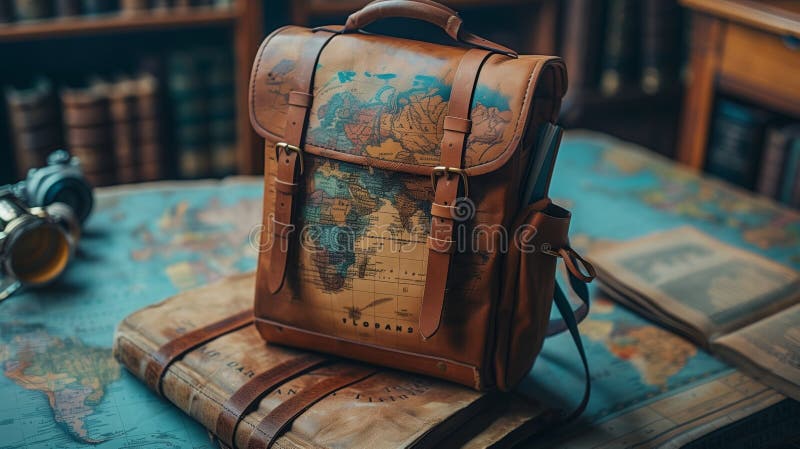 Leather Backpack with World Map Design on a Table with Books Stock ...