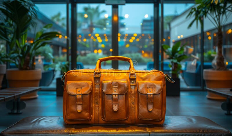 Brown Leather Bag is Placed on Leather Bench in Front of Window Stock ...