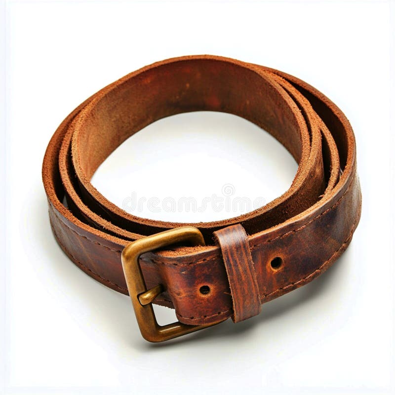 A Coiled Brown Leather Belt with a Brass Buckle Laying on a White ...