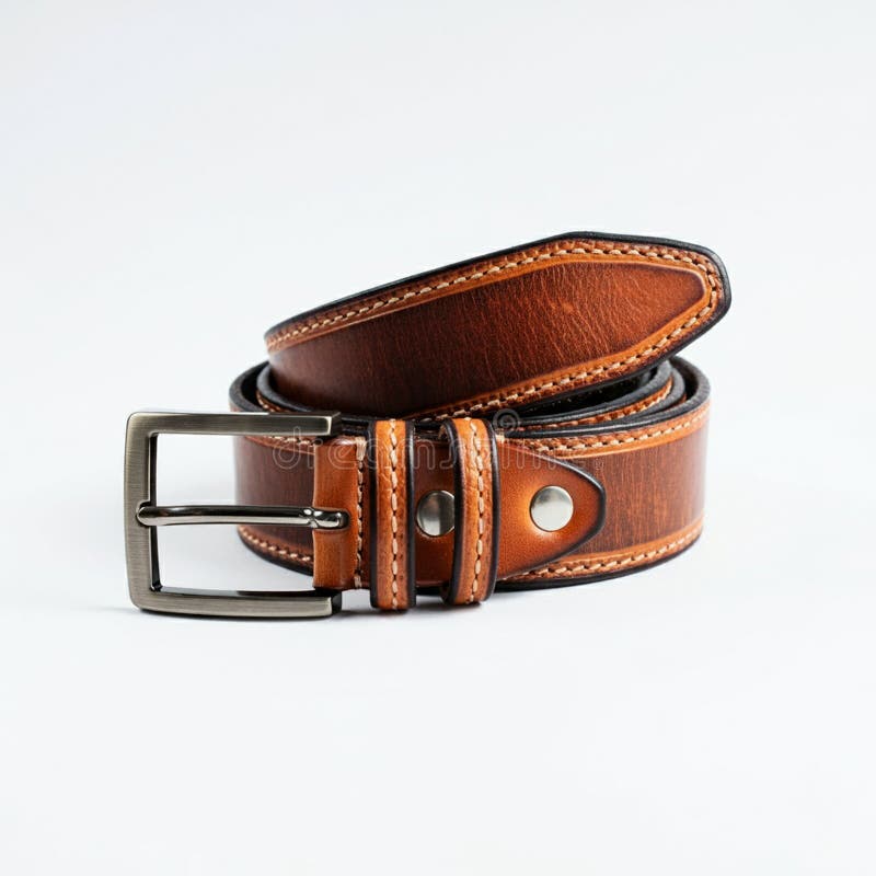 Brown Leather Belt with a Silver Rectangular Buckle, Featuring Two ...