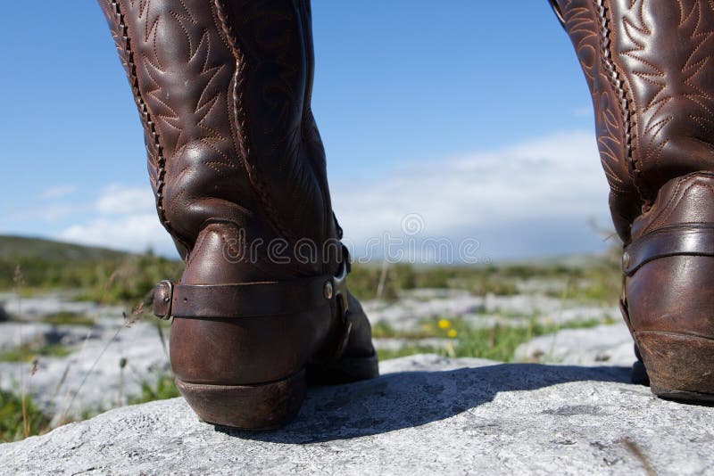 Brown Leather Boots Standing on Rock Stock Photo - Image of back ...