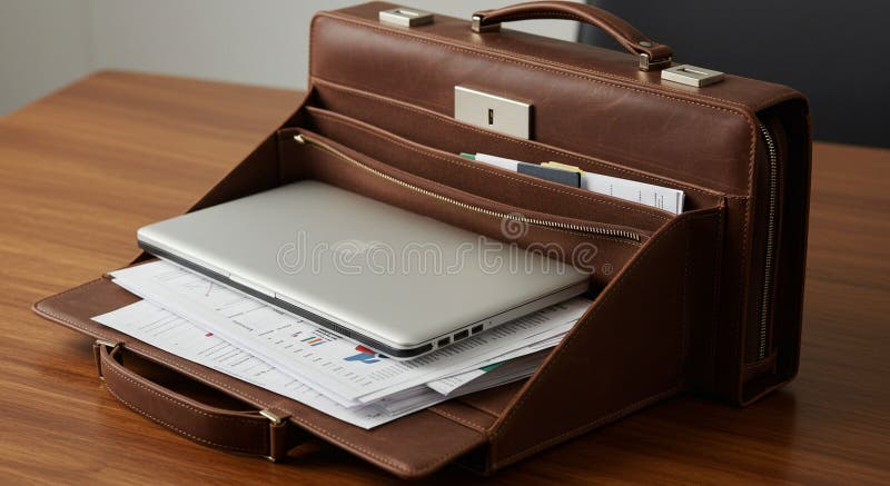 Brown Leather Briefcase Partially Open on a Wooden Table Contains a ...