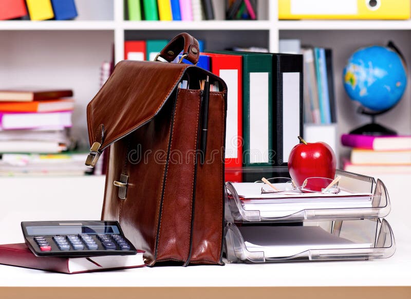 Brown Leather Briefcase on Table Stock Photo - Image of finance ...