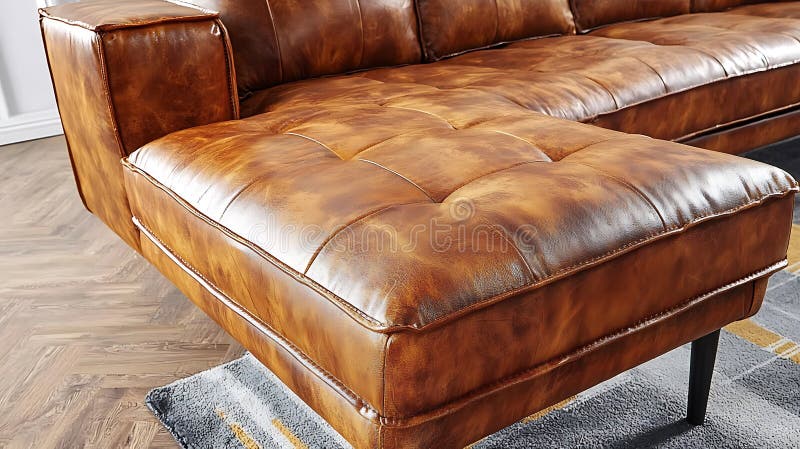 A Brown Leather Couch with a Brown Leather Arm Rest Stock Image - Image ...