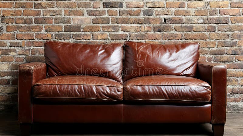 A Brown Leather Couch Sitting in Front of a Brick Wall Stock Photo ...
