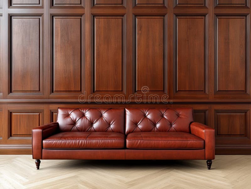 A Brown Leather Couch Sitting in Front of a Wooden Paneled Wall Stock ...