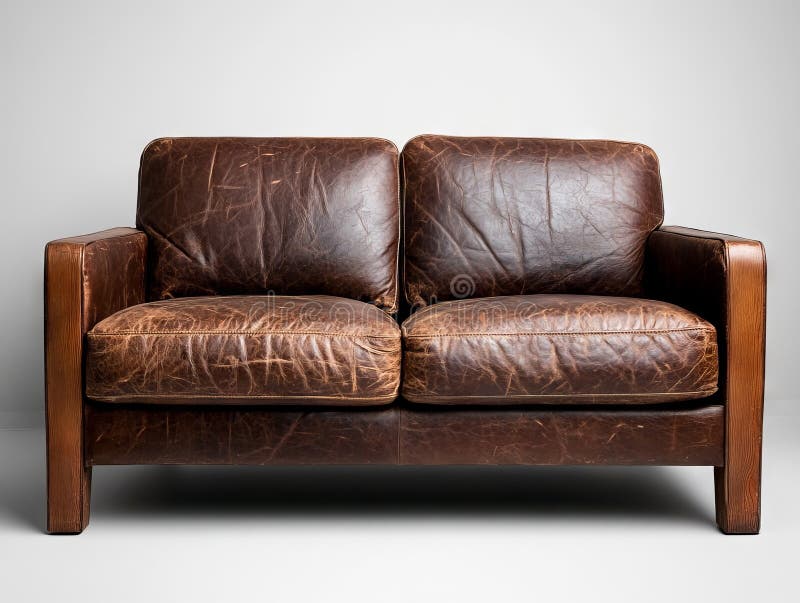 A Brown Leather Couch Sitting on Top of a White Surface Stock Image ...