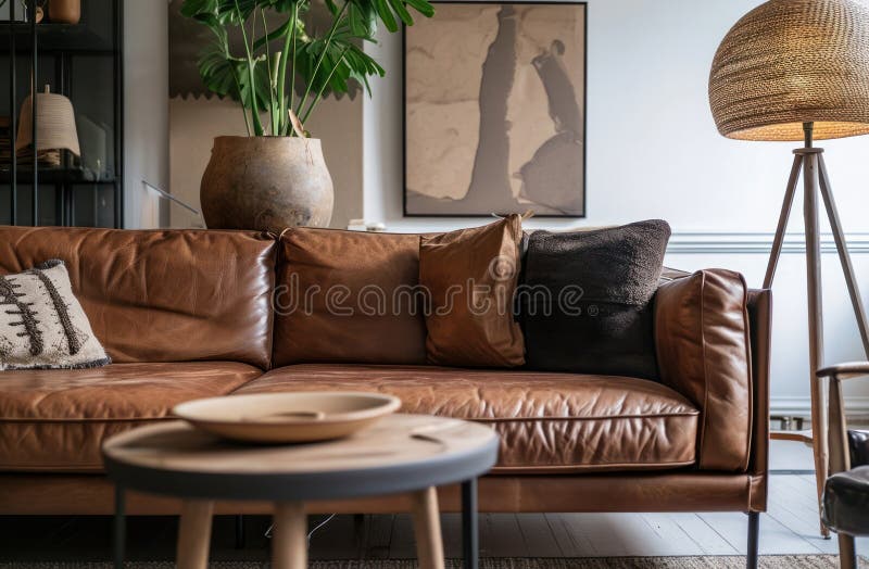 A Brown Leather Couch and a Table in a Living Room Stock Image - Image ...