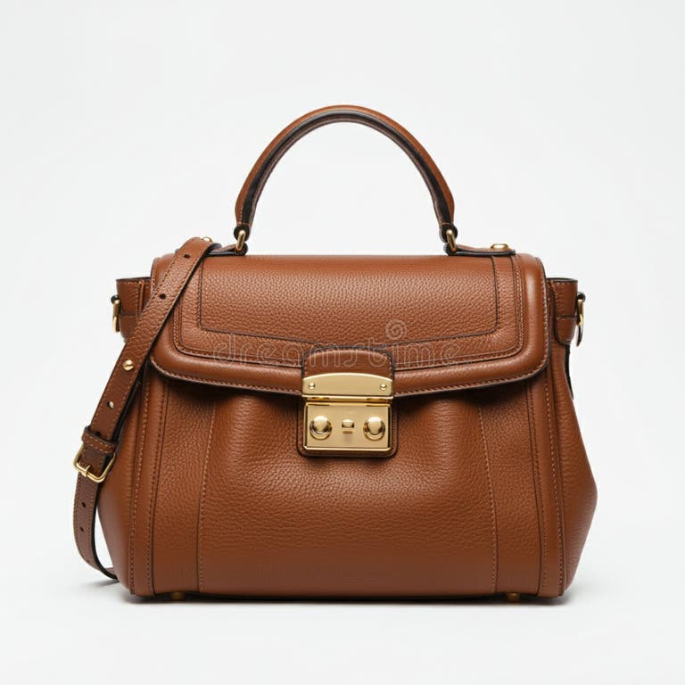 Brown Leather Handbag with a Structured Design and Pebbled Texture. Features a Top Stock ...