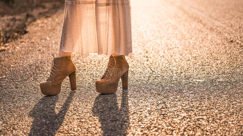 Woman Brown Leather High Heel Shoes Stock Photo - Image of footwear ...