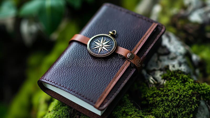 A Brown Leather Journal with a Compass on Top of it Stock Photo - Image ...