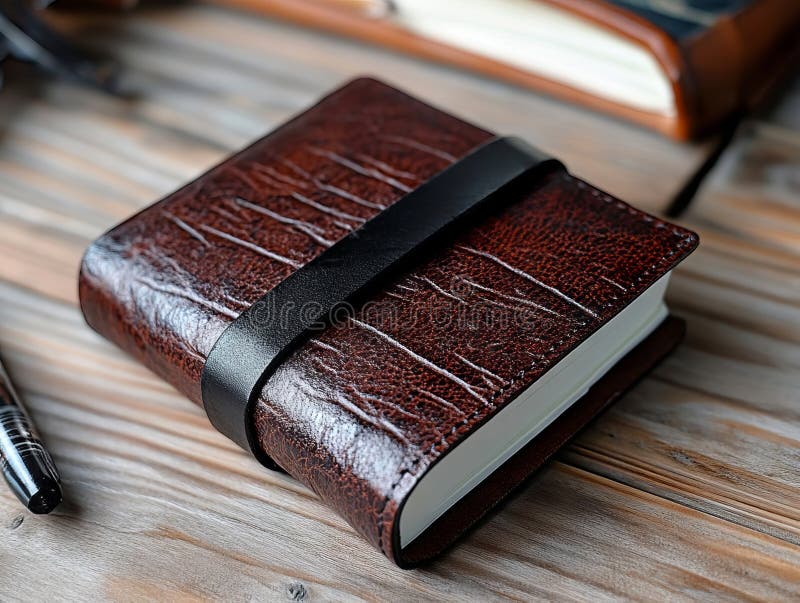 A Brown Leather Journal Sitting on Top of a Wooden Table Stock Photo ...