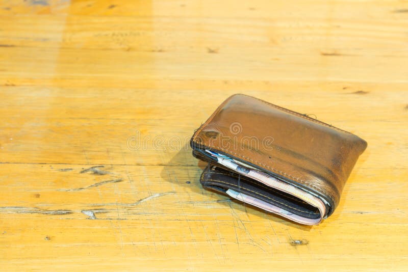 Brown Leather Men S Wallet with Bank Notes on Brown Wood Texture Stock ...
