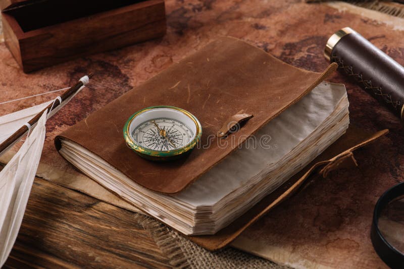 Brown Leather Notebook with Compass Stock Photo - Image of retro ...