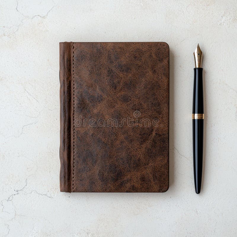 Brown Leather Notebook and Fountain Pen on a Textured Surface Stock ...