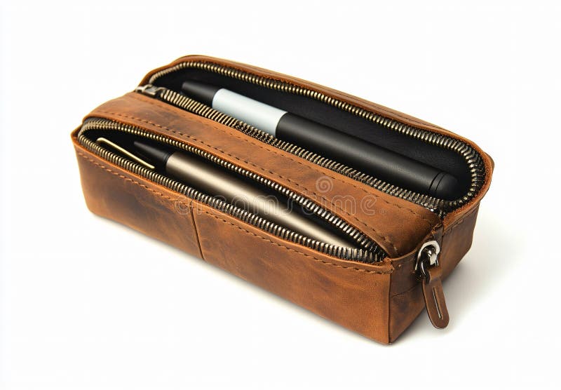 Brown Leather Pen Case with Two Pens, Stylish High Quality Image Stock ...