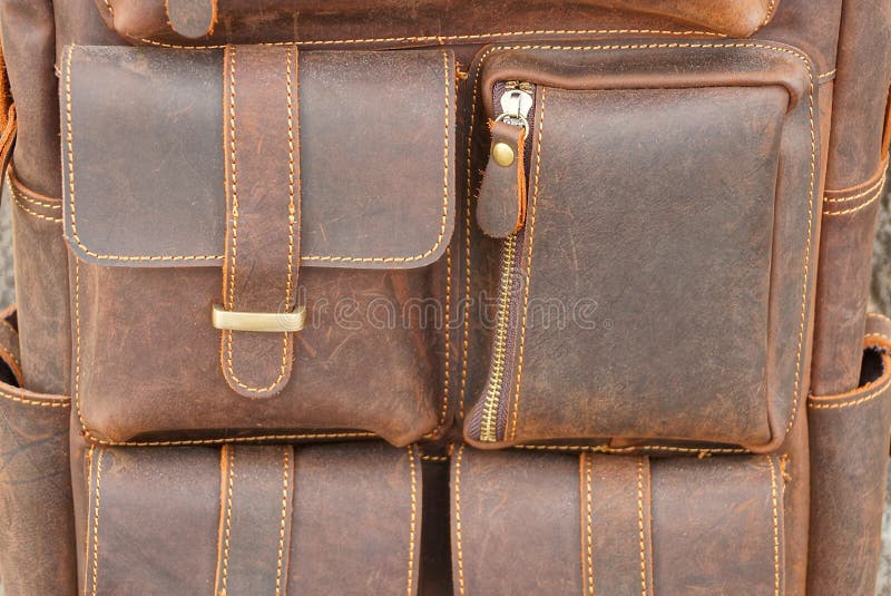 Brown Leather Pockets on a Military Backpack Stock Photo - Image of ...