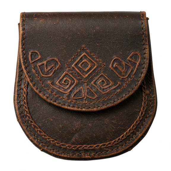 Brown Leather Pouch with a Flap Closure, Featuring Embossed Geometric ...