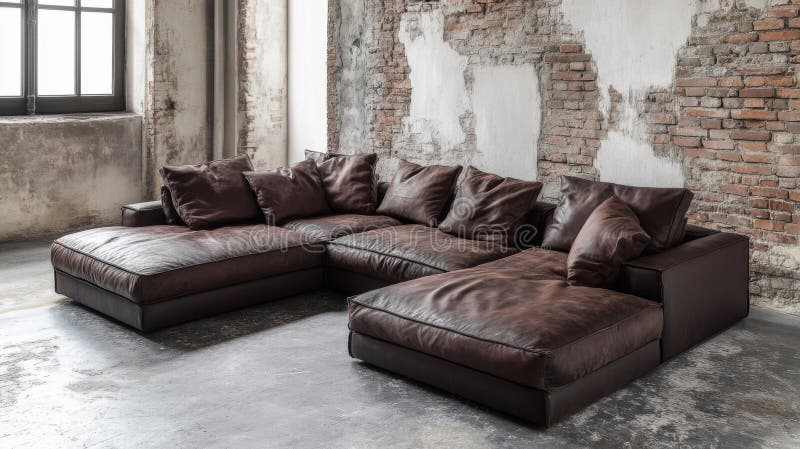Brown Leather Sectional Sofa in Industrial Loft Setting Stock ...