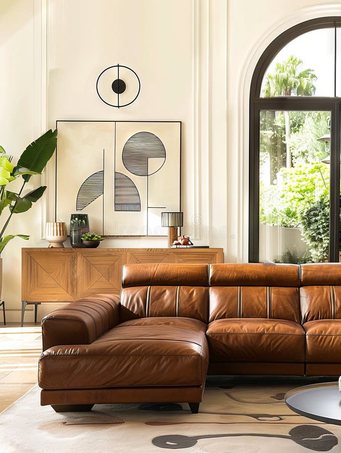 A Brown Leather Sectional Sofa in a Living Room Stock Photo - Image of ...
