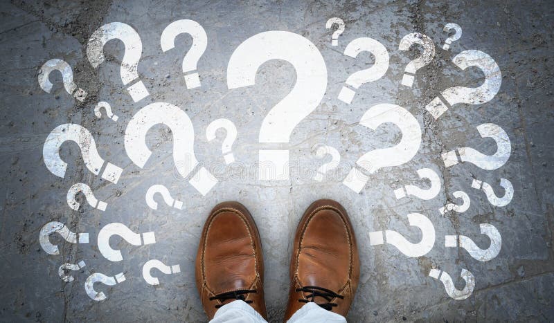 Brown Leather Shoes and Many Question Marks Stock Photo - Image of path ...