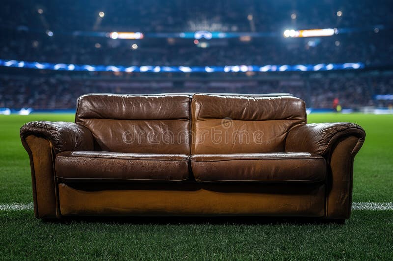 Brown Leather Sofa Standing on the Grass of a Stadium during Night ...