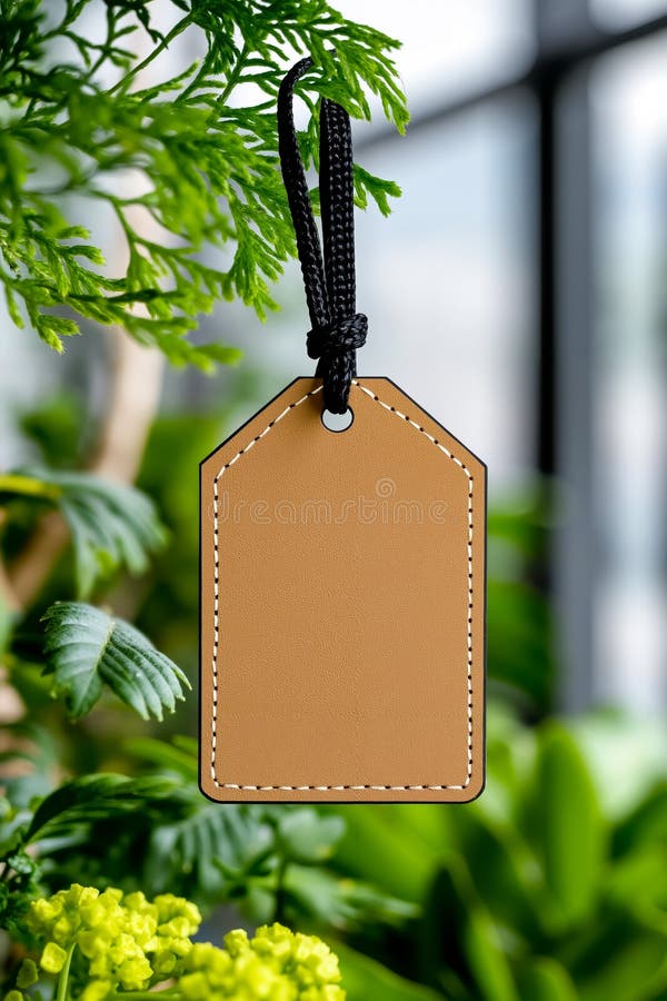 A Brown Leather Tag Hanging from a Tree Branch Stock Photo - Image of ...