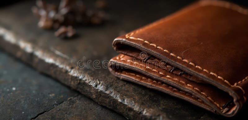 A Brown Leather Wallet Sitting on Top of a Table Stock Photo - Image of ...
