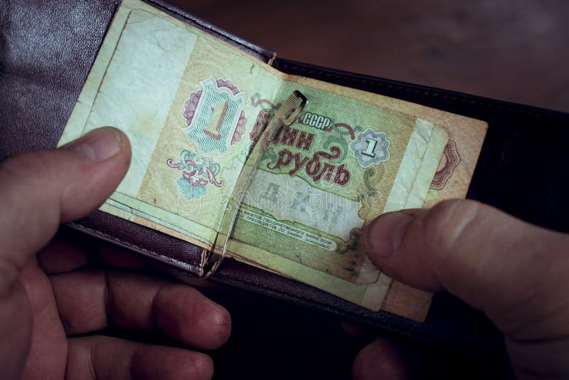 Brown Leather Wallet with Soviet Paper Rubles in the Hands of a Man ...