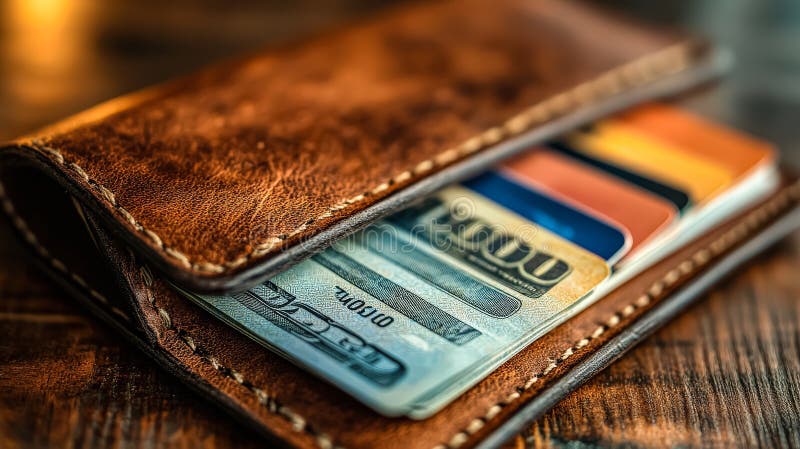 Brown Leather Wallet with a Stack of Bills and Credit Cards Stock Image ...