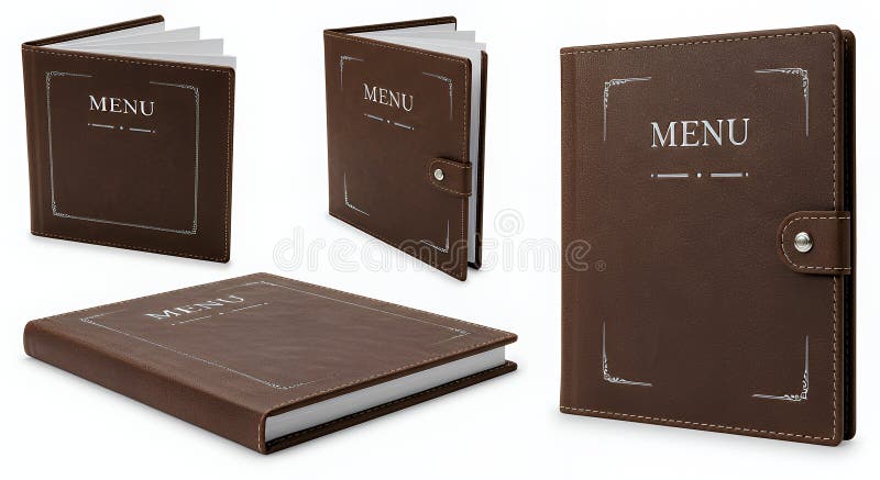 Brown Leatherbound Menu with Silver Lettering on White Background Stock ...