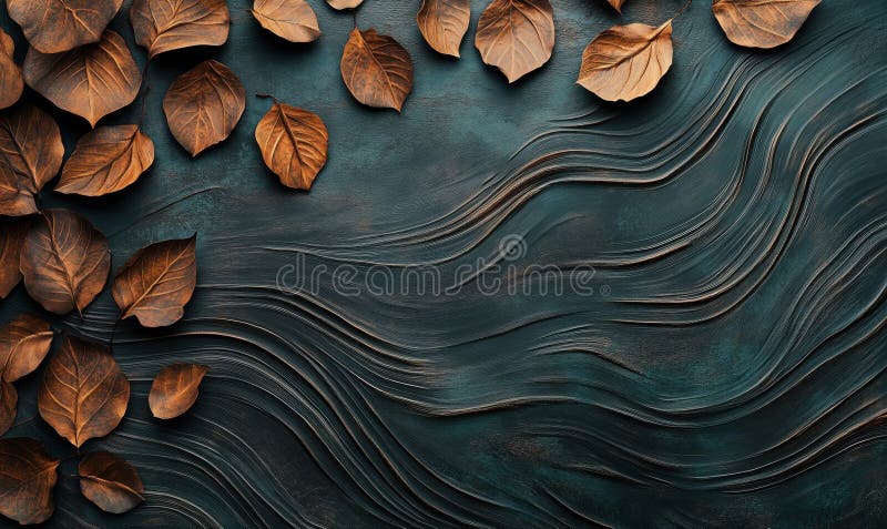 Brown Leaves on Textured Teal Background, Wavy Patterns Create Depth ...