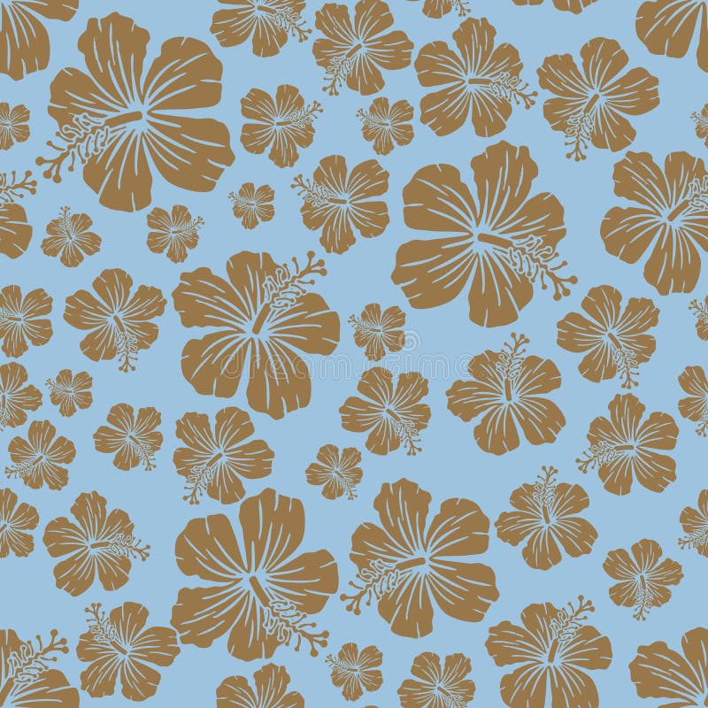Brown on Light Blue Random Hibiscus Flower Seamless Repeat Pattern ...