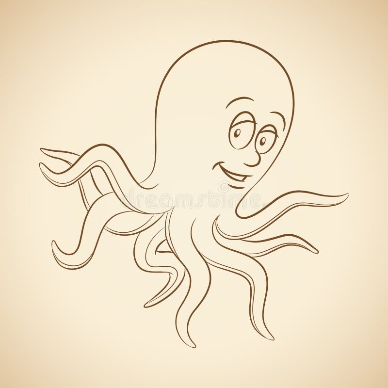 Brown Line Art Octopus Cartoon on a Beige Background Stock Vector ...
