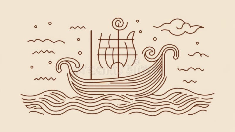 Brown Line Art Viking Ship Sailing on Beige Water Stock Illustration ...
