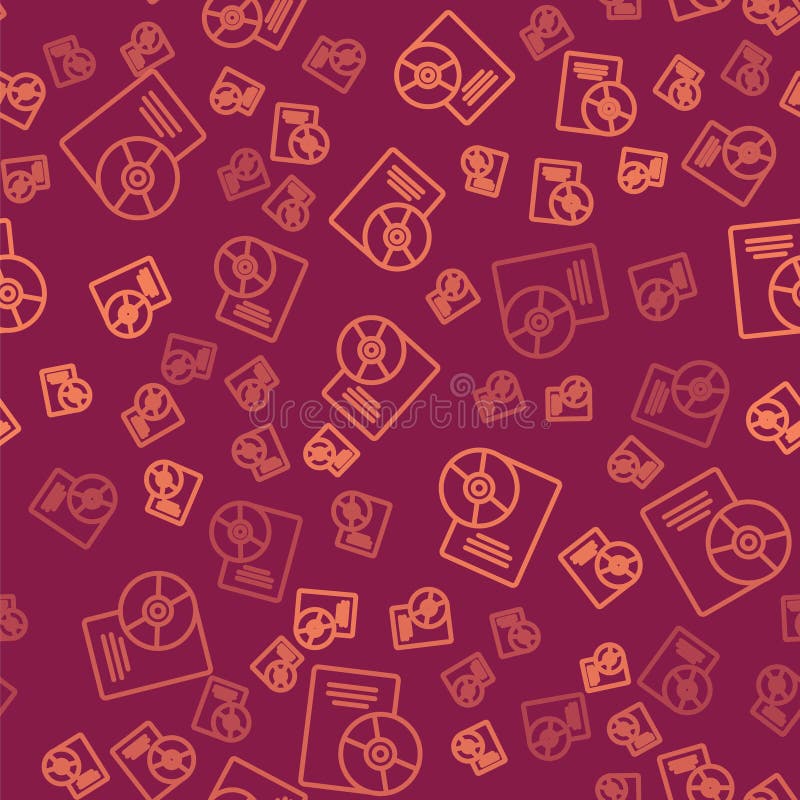 Brown Line CD or DVD Disk Icon Isolated Seamless Pattern on Red ...