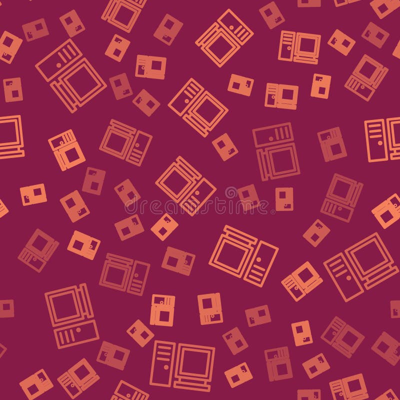 Brown Line Computer Monitor Icon Isolated Seamless Pattern on Red ...
