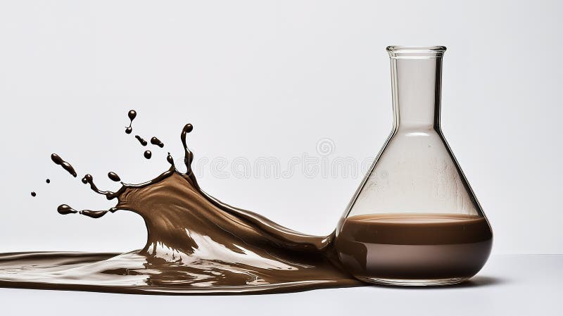 Brown Liquid Spills from a Glass Flask on a White Background ...