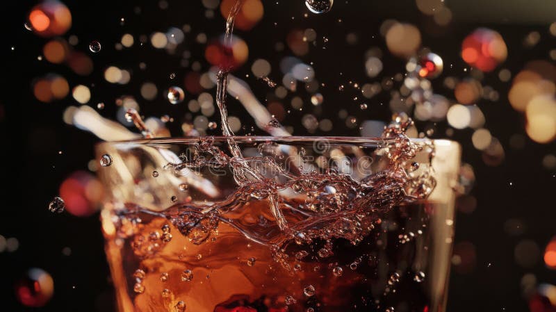 Brown Liquid Splashing in a Glass with Dark Background Stock ...